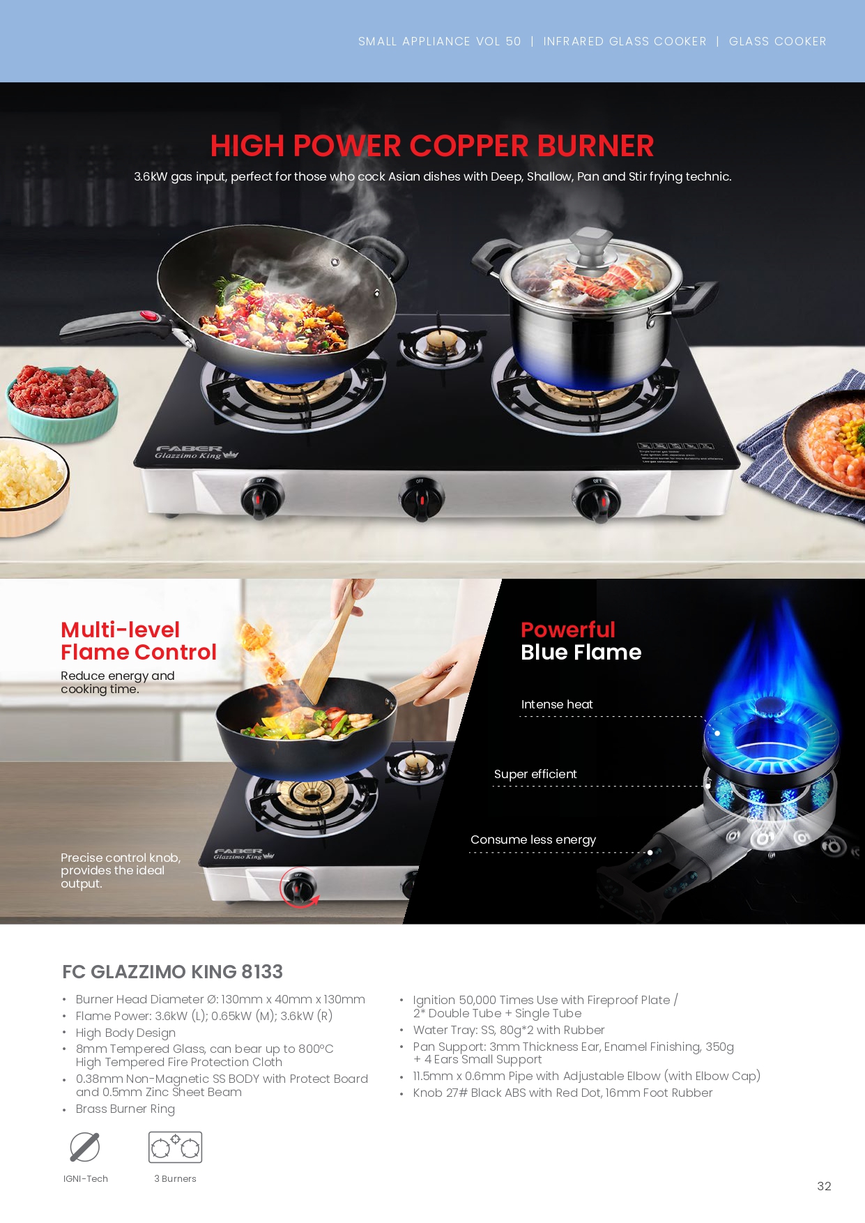 Tempered Glass 3 Burners Table Top Gas Stove Cooker FC GLAZZIMO QUEEN ...